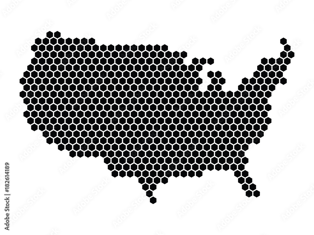 Hexagonal mosaic in a shape of USA map. Black vector illustration ...