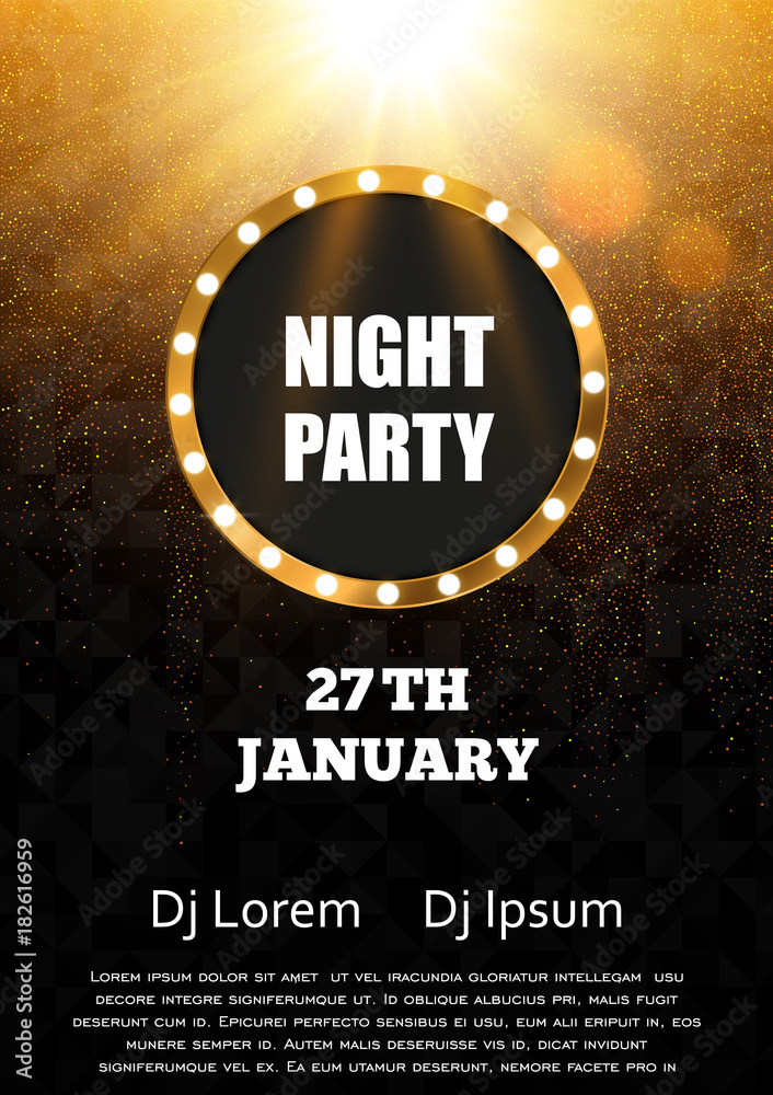Night party flyer template design. Gold and black vector background ...