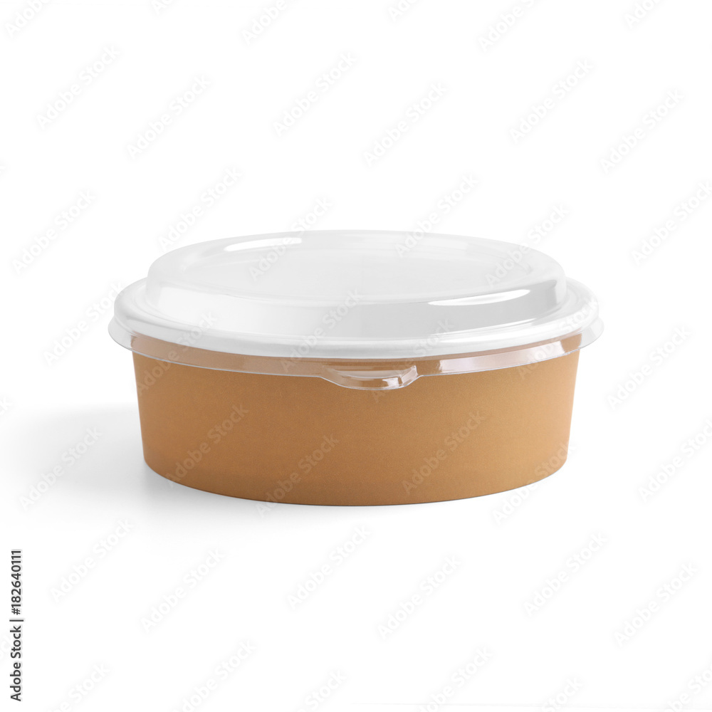 Paper food container with plastic lid isolated on white background ...