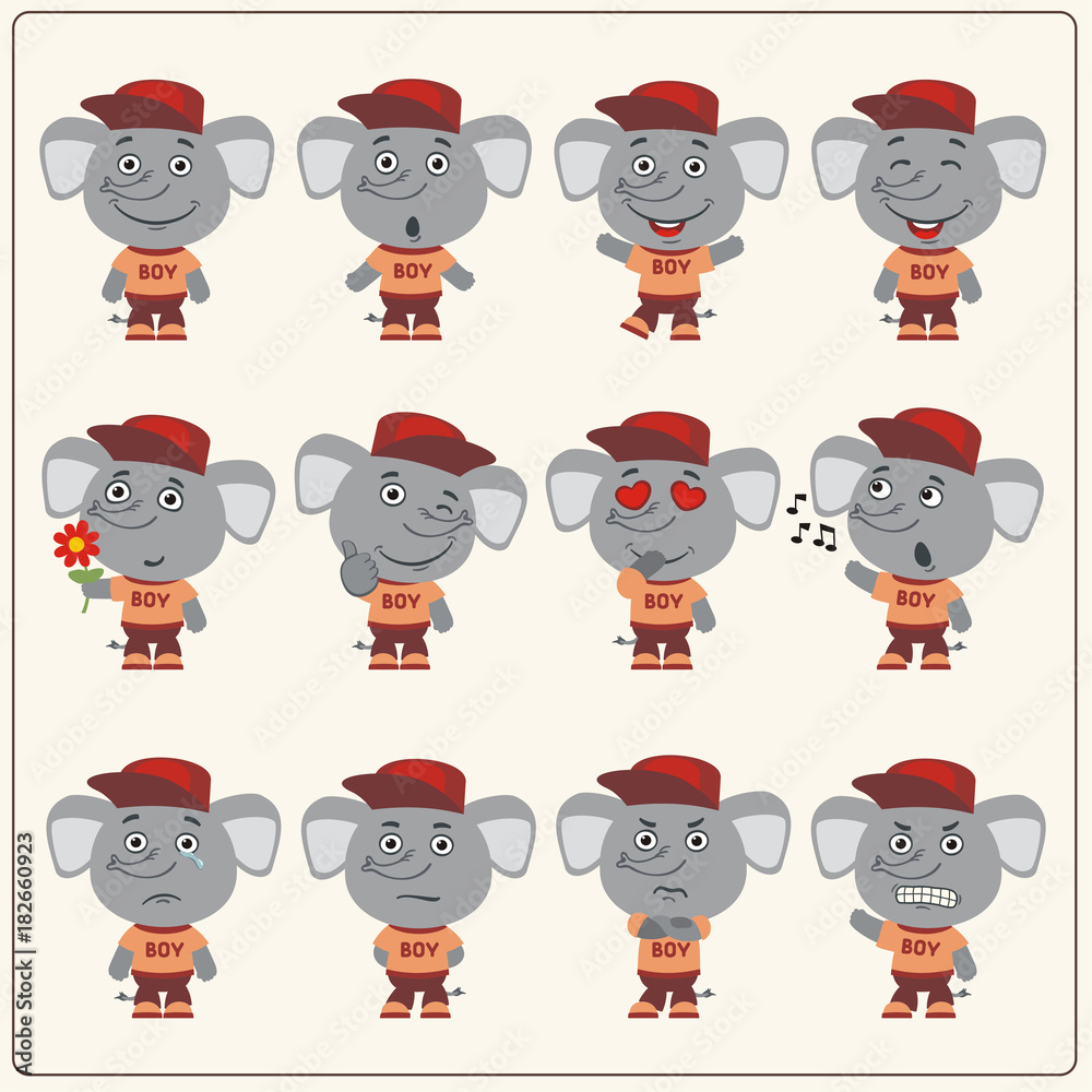 Set of elephant little boy in cartoon style. Collection of isolated ...