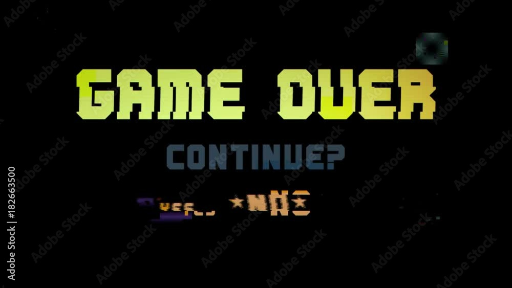 A videogame ending screen text on a tv: Game over Continue Yes No ...