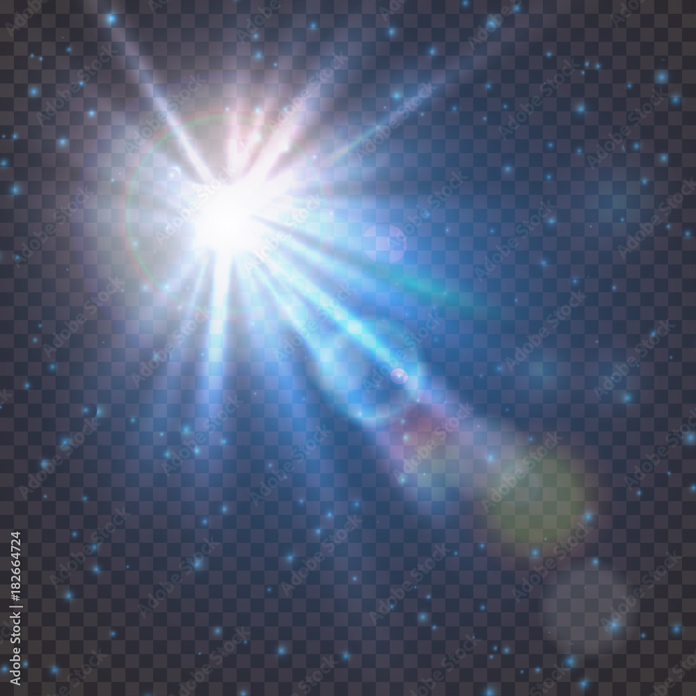 Flash burst of star light with blur and lens flare effect. Shining sun ...