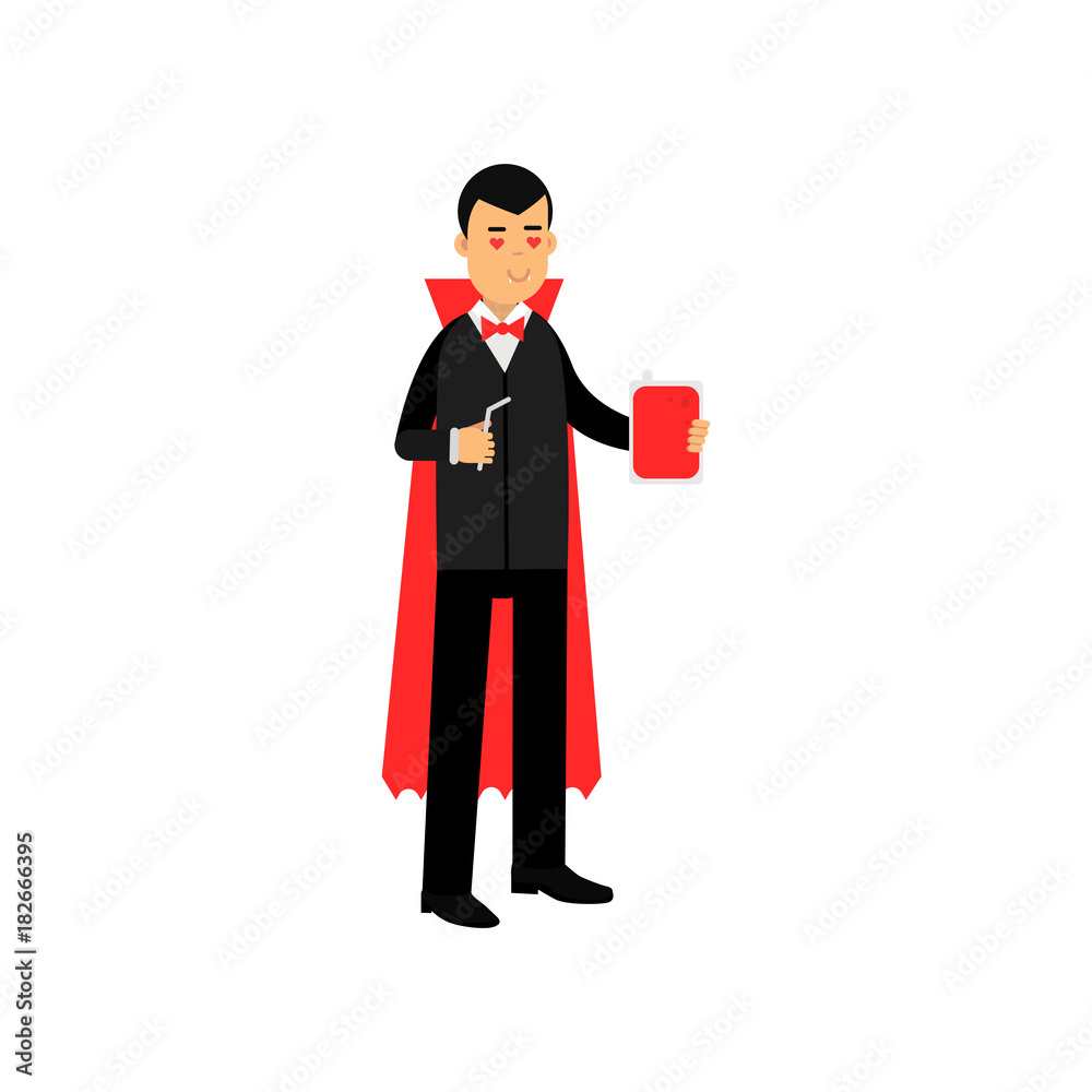 Vampire character standing with a flask of blood and straw, Count ...