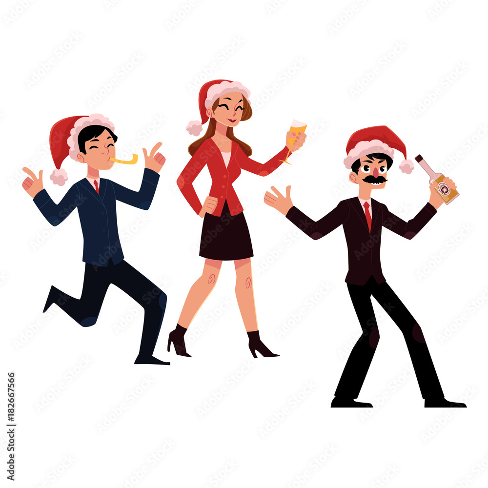 Mans and woman in Santa hats having fun, drinking at corporate ...