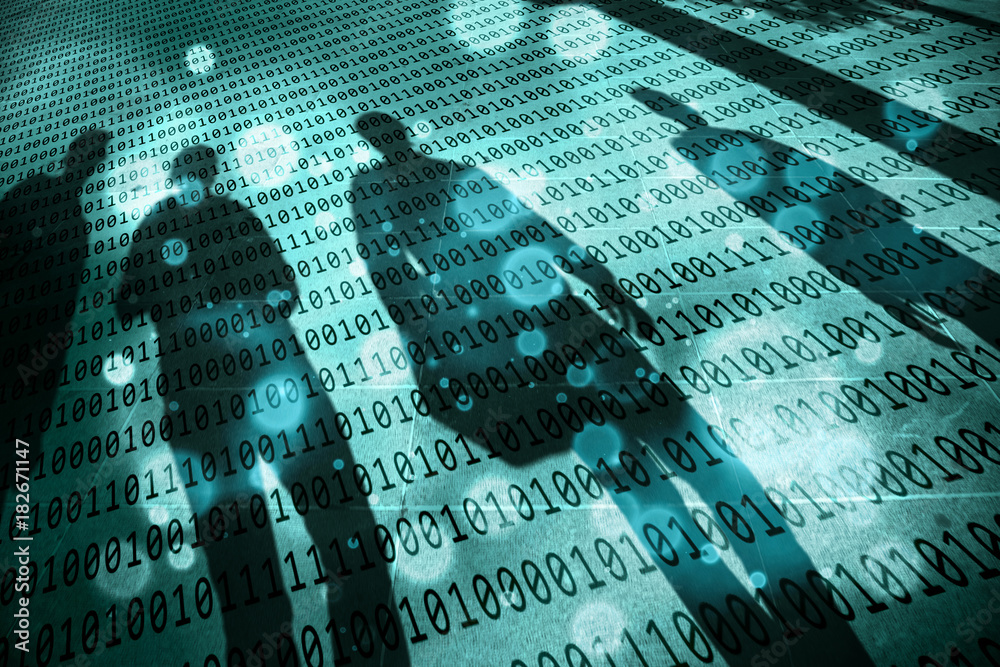 Turquoise blue colored shadows of walking people with conceptual binary ...