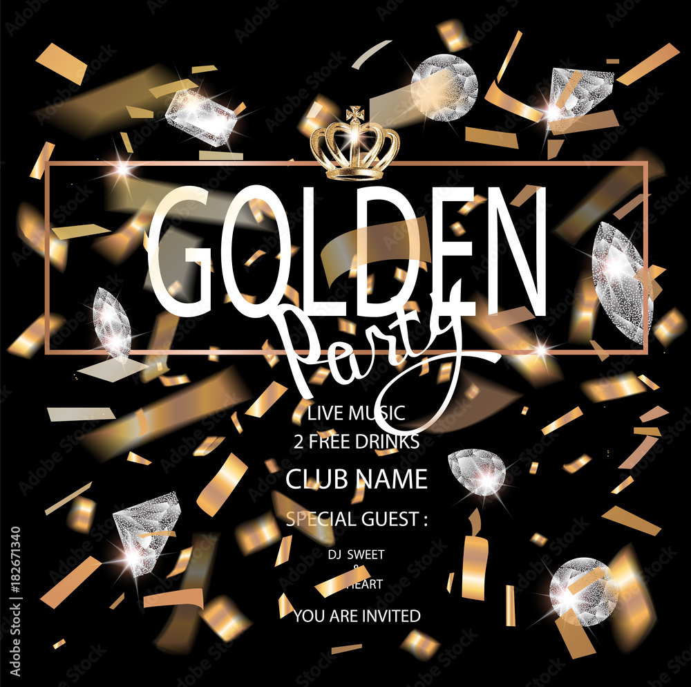 Golden party with flying confetti and diamonds. Vector illustration ...