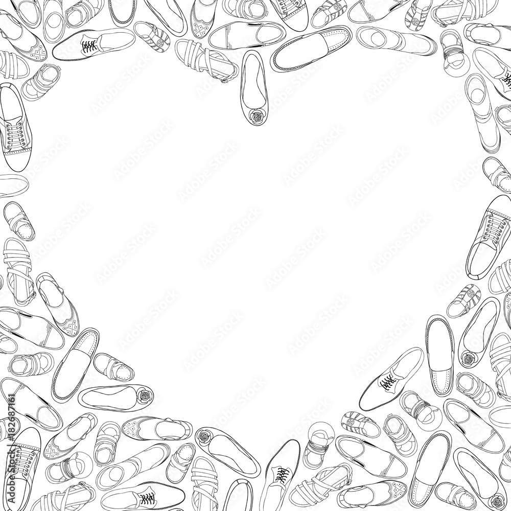 Black and white illustration of different shoes laid out in the shape ...
