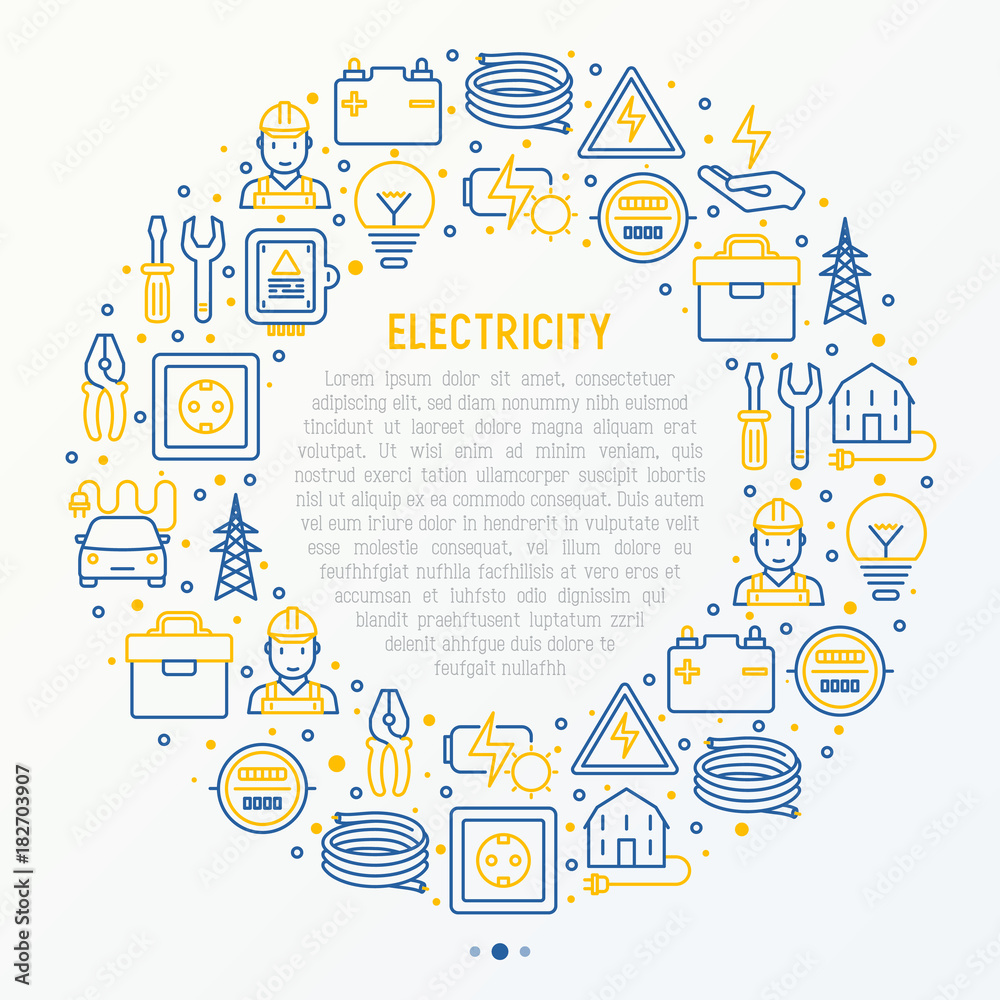 Electricity concept in circle with thin line icons: electrician, bulb ...