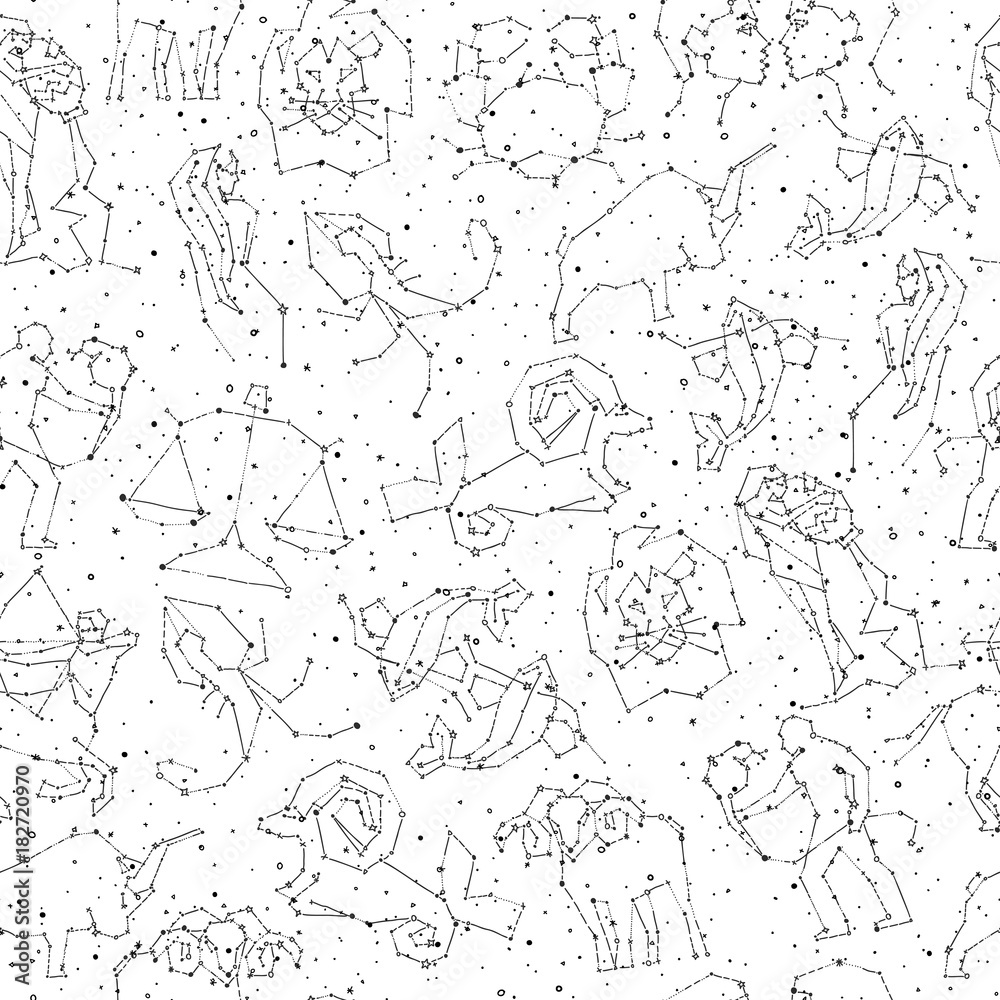 Horoscope hand draw seamless pattern, all Zodiac signs in constellation ...