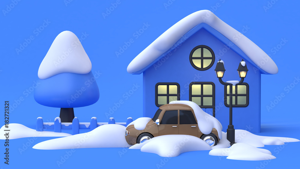 cartoon style house-home window light abstract tree car snow winter ...