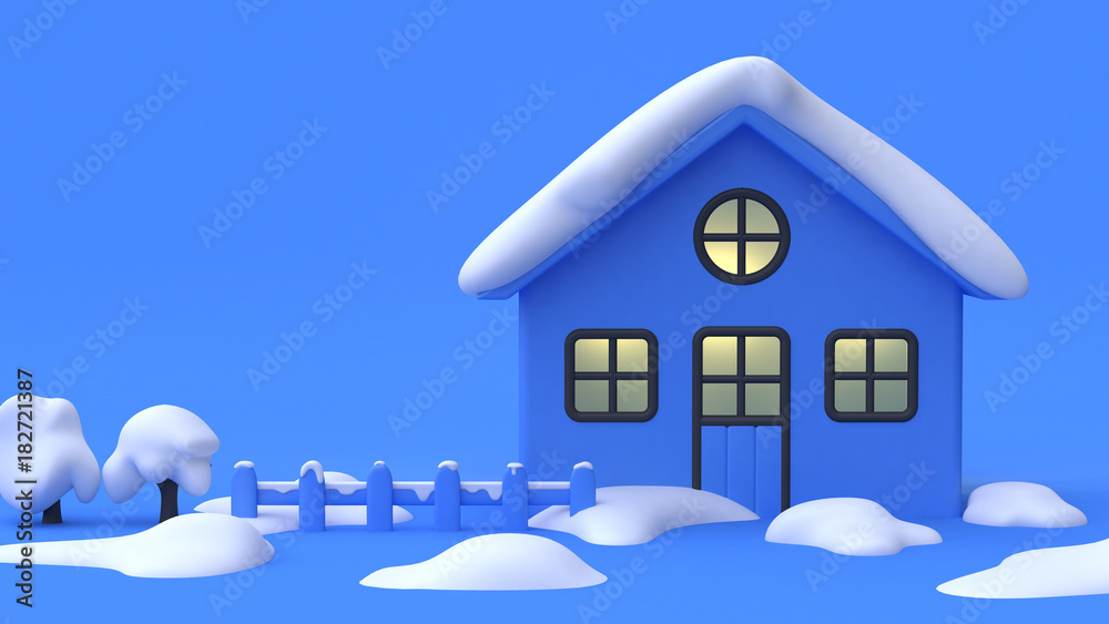 cartoon house window light 3d rendering winter snow concept Stock ...