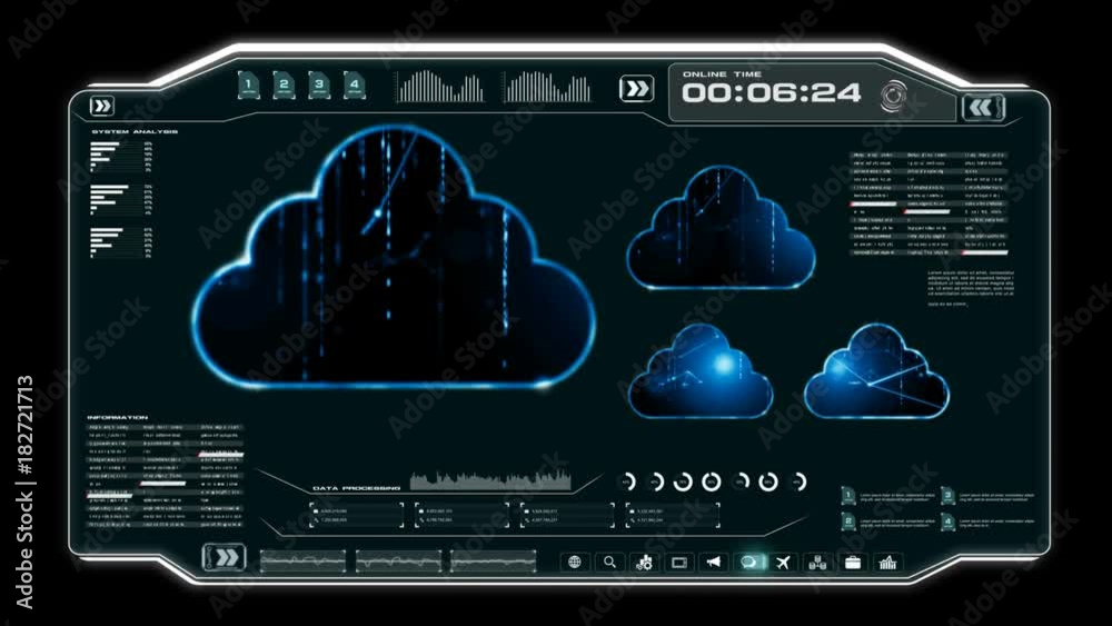 4K Animation UI User Interface with cloud computer data HUD pi bar text ...