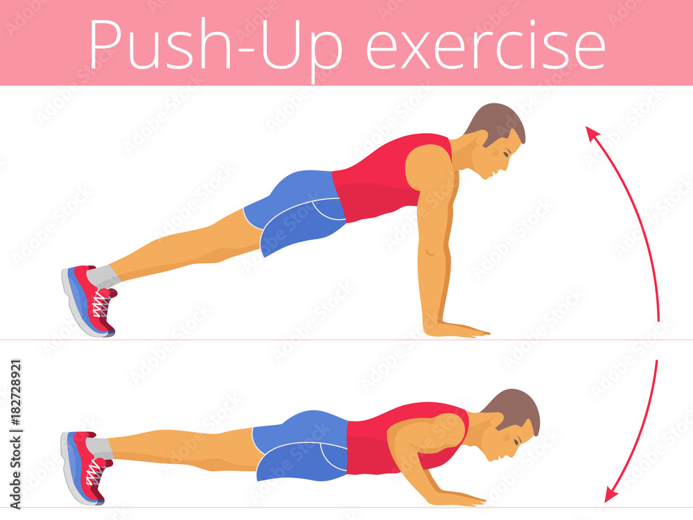 The active caucasian man in the sportswear is doing the push up ...