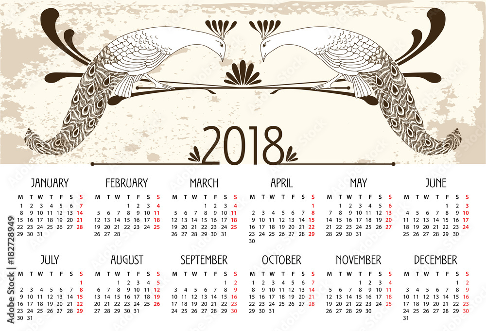 Vector wall calendar for 2018 year with vintage peacock. Horizontal ...