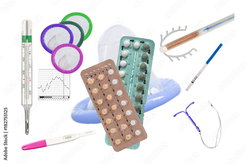 Birth Control symbol- IUD and contraceptive Pills and Condomon white ...