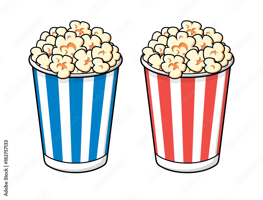 Popcorn in blue and red striped bucket boxes isolated. Stock Vector ...