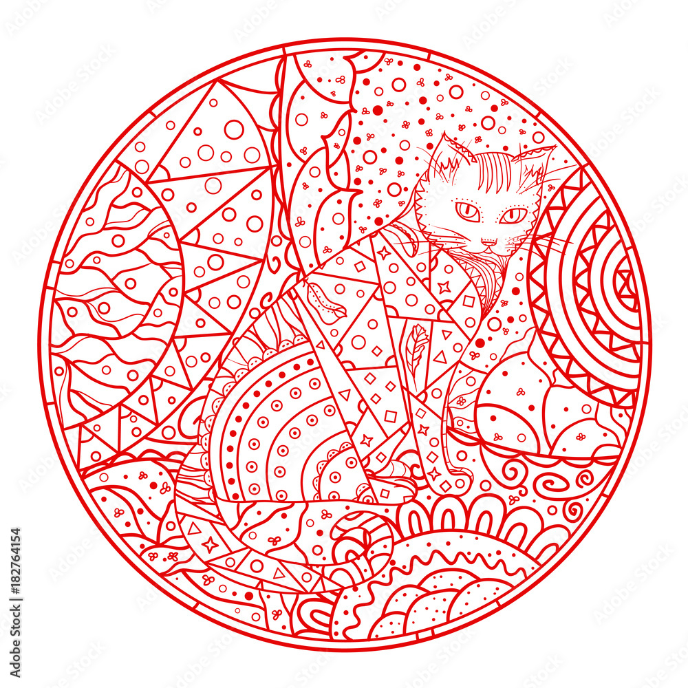 Cat. Mandala. Hand drawn animal with abstract patterns on isolation ...