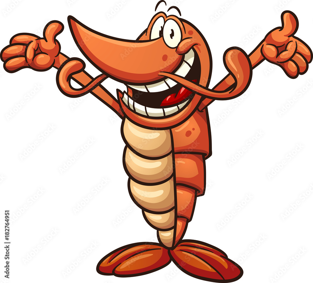 Happy cartoon shrimp with hands up. Vector clip art illustration with ...
