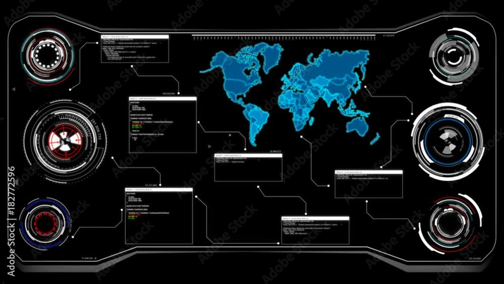 4K Animation UI User Interface with world map data HUD pi bar text box ...