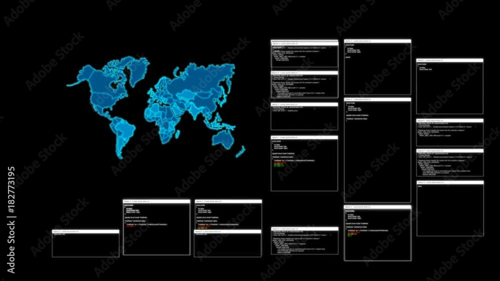 4K Animation UI User Interface with world map data HUD pi bar text box ...