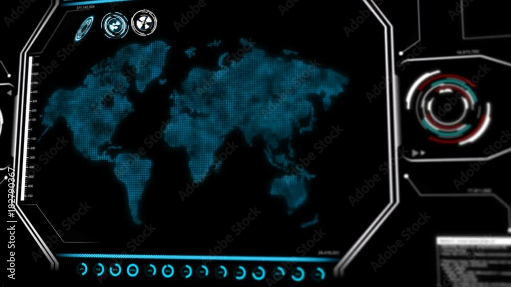 4K Animation UI User Interface with world map data HUD pi bar text box ...