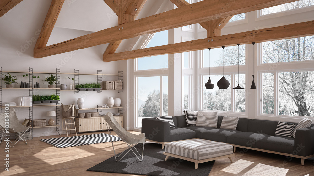 Living room of luxury eco house, parquet floor and wooden roof trusses ...