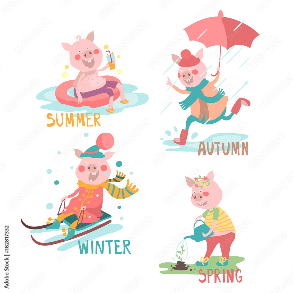 Cartoon, funny pigs with seasonal activity set - summer, autumn, winter ...