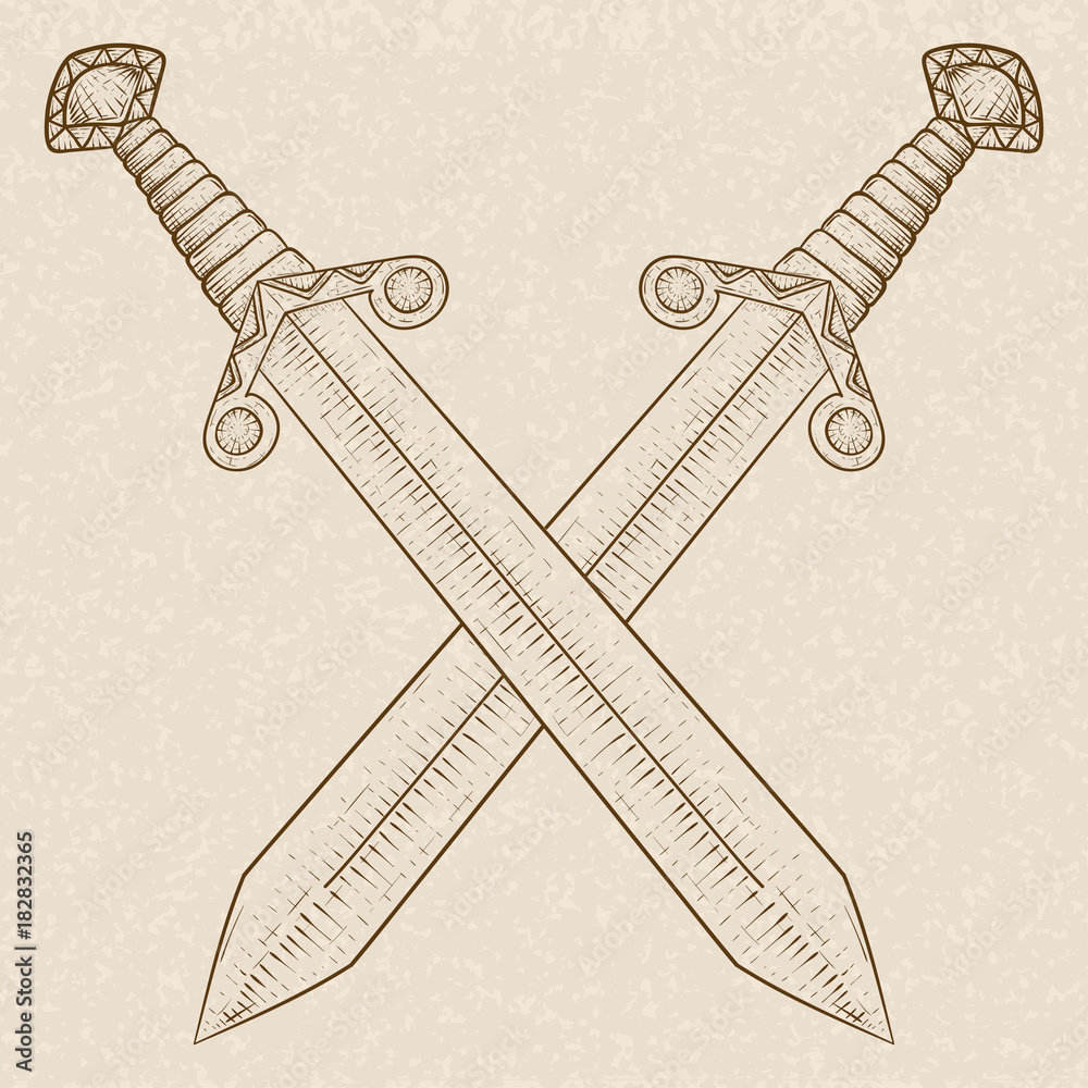 Crossed swords. Vintage hand drawn sketch on beige background Stock ...