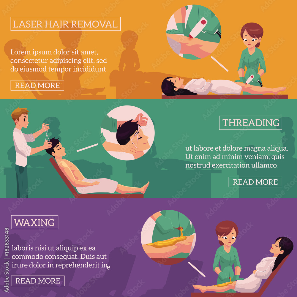 Set of three horizontal banner templates showing waxing, threading and ...