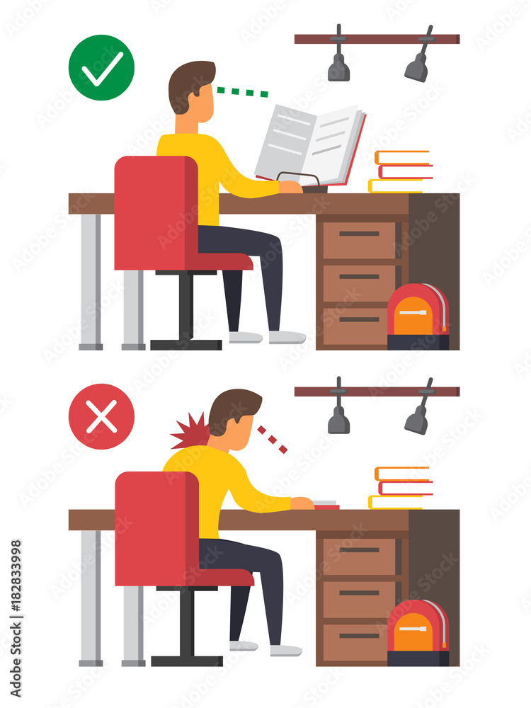 Neck pain, student studying syndrome. Correct Incorrect sitting posture ...