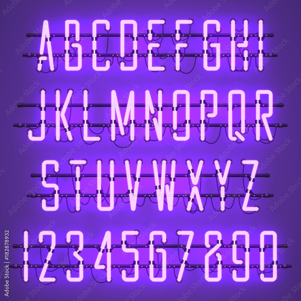 Glowing Purple Neon Casual Script Font with uppercase letters from A to ...