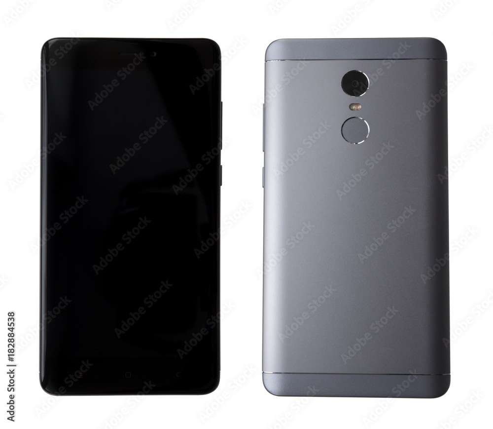 Front and back sides of modern smartphone isolated on white background ...