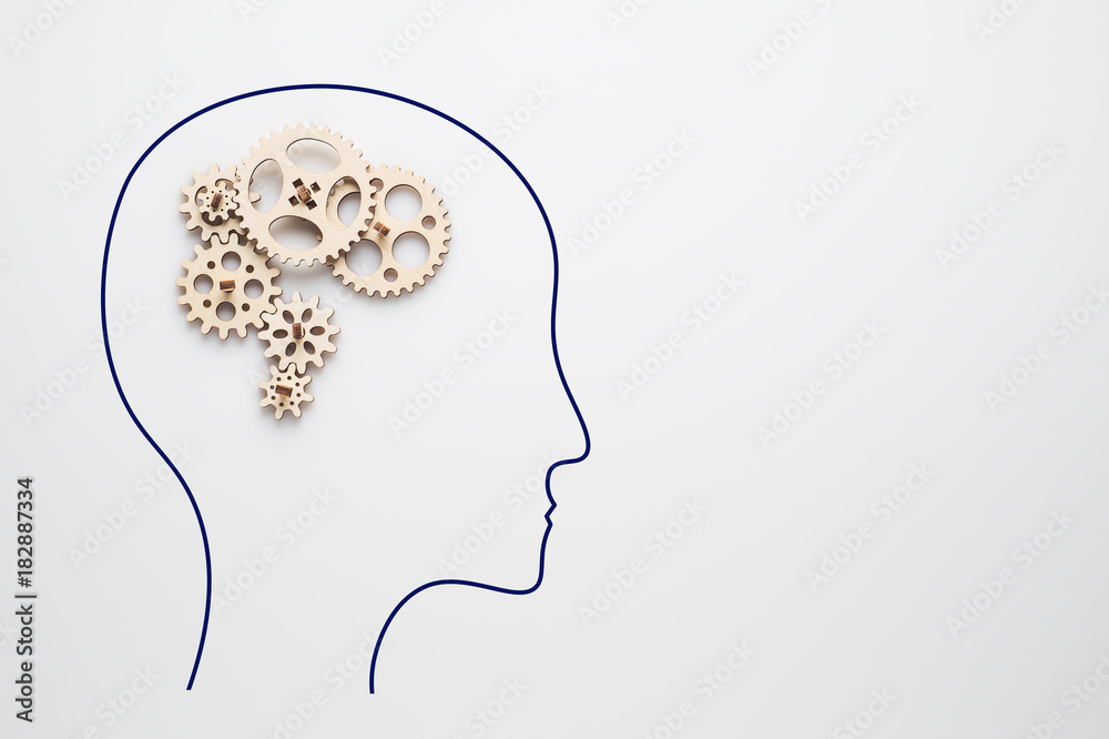 Gear wheel, human brain concept. Man with a gear mechanism in the head ...