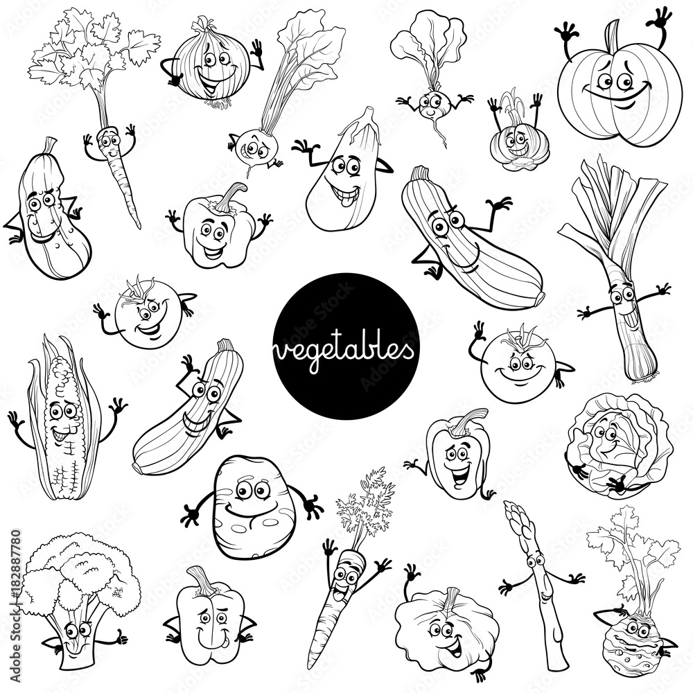 cartoon vegetables characters set color book Stock Vector | Adobe Stock