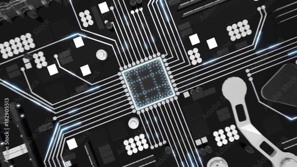 Seamless looping 3d animated futuristic motherboard and data tunnel ...