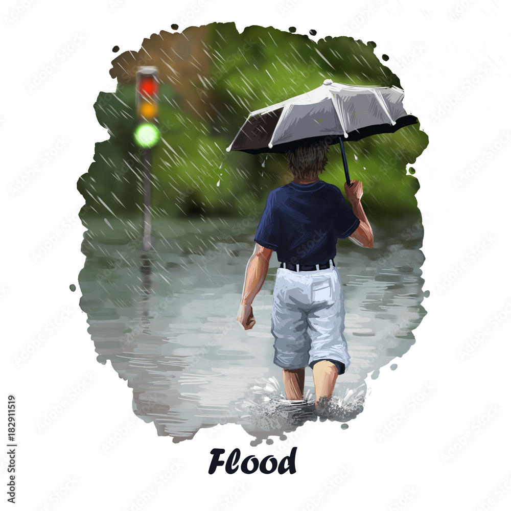 Flood digital art illustration of natural disaster. Heavy rain and boy ...