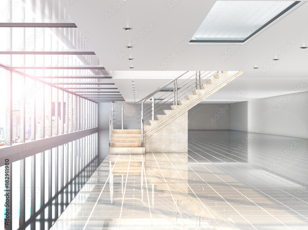 large white hall where there is a panoramic window, a staircase to the ...