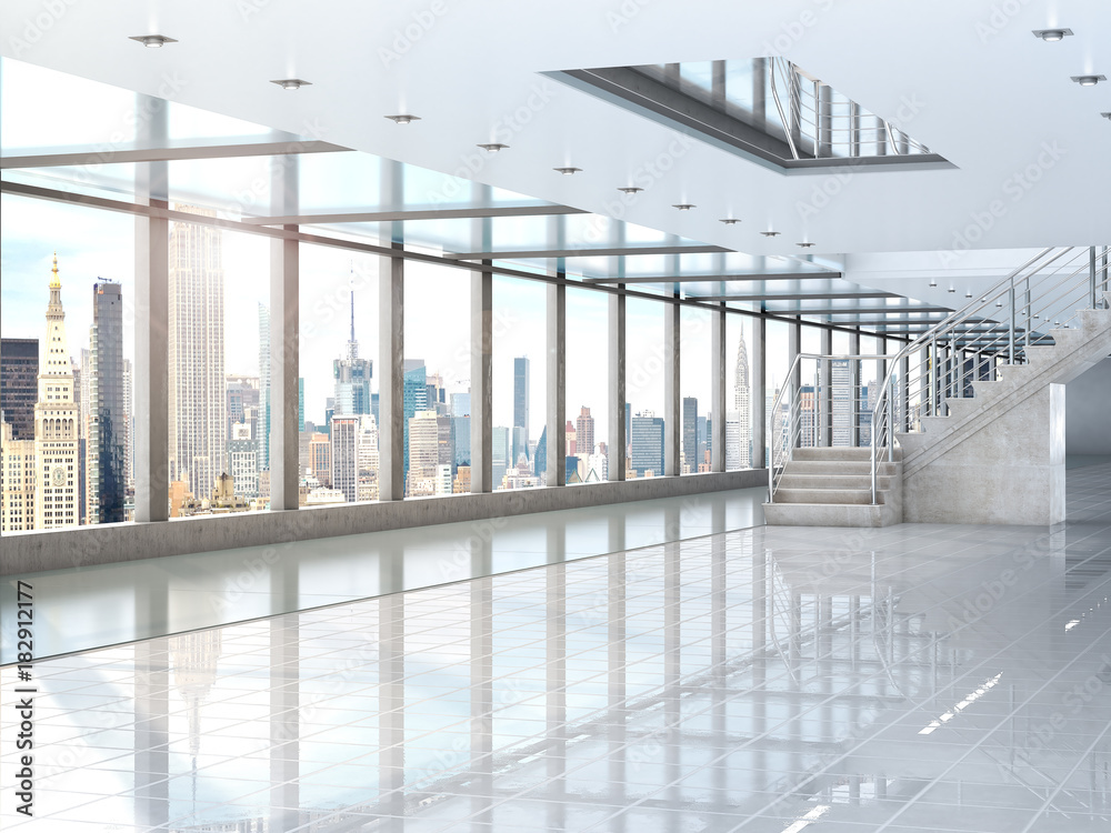 large white hall where there is a panoramic window, a staircase to the ...