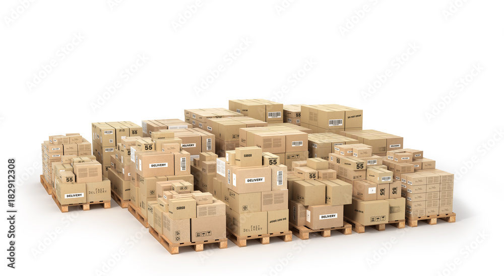 Logistic concept. Big stacks of cardboard boxes. 3d illustration Stock ...