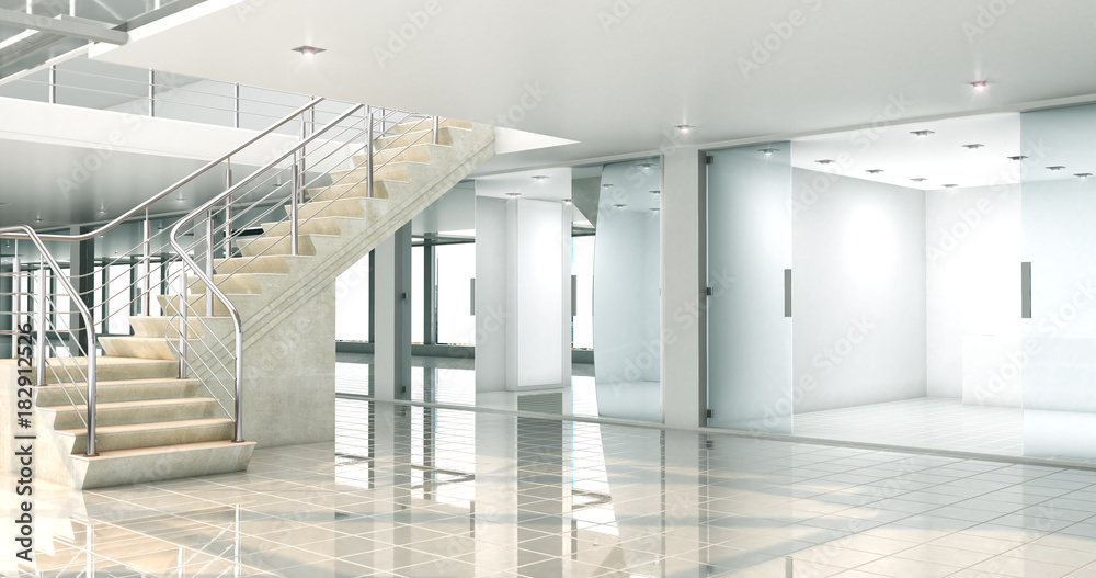 Sunny interior with big window to city. Building under the shopping ...