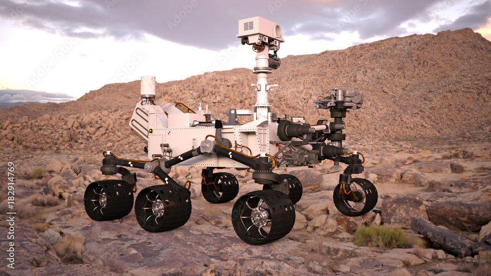 Mars Rover, robotic space autonomous vehicle on a deserted planet, side ...