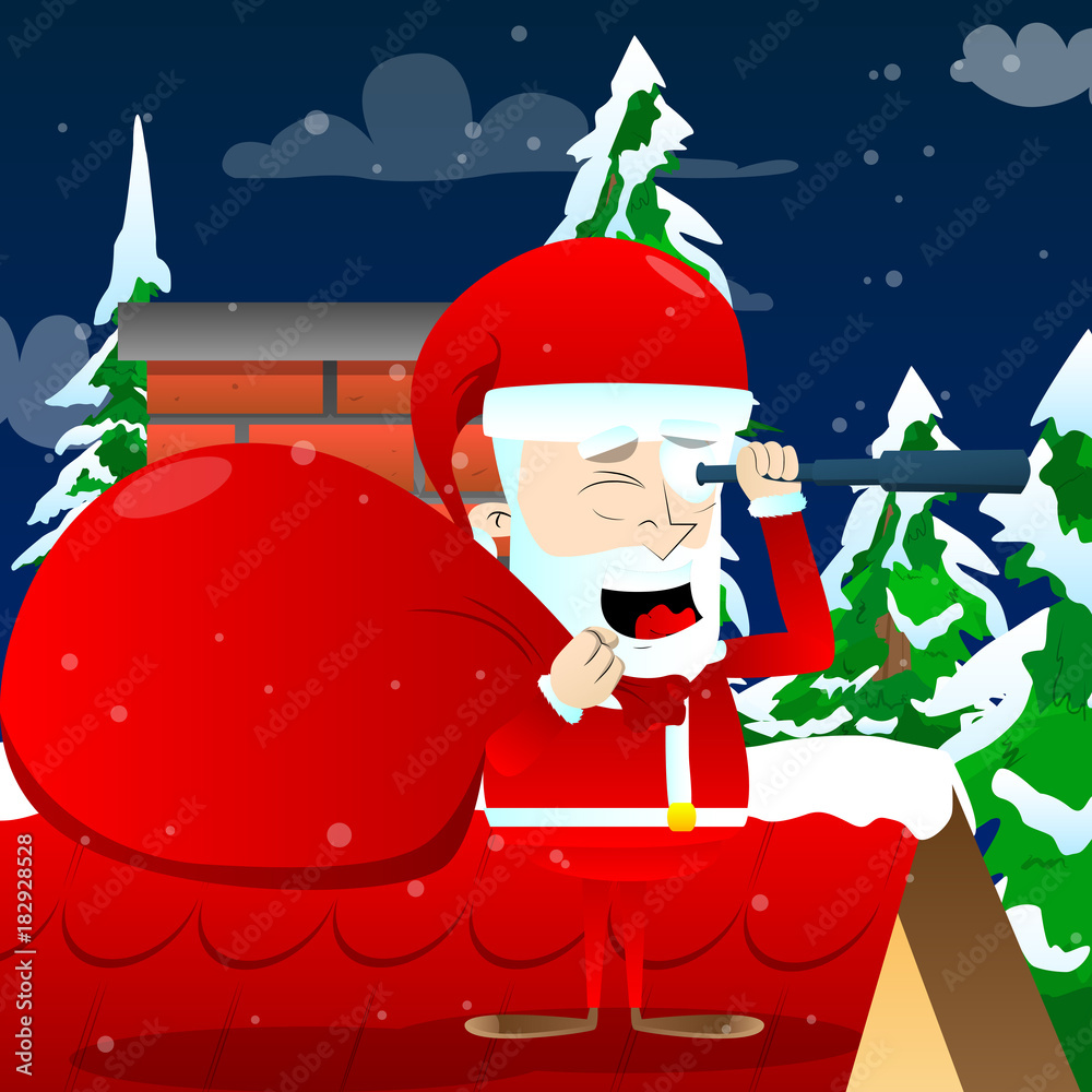 Santa Claus looking for opportunity through a telescope. Vector cartoon ...