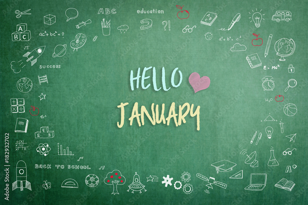 Hello January greeting on green school teacher's chalkboard with ...