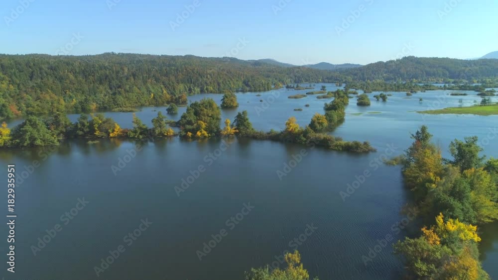 AERIAL Sunny autumn nature is destroyed by horrific natural disaster ...