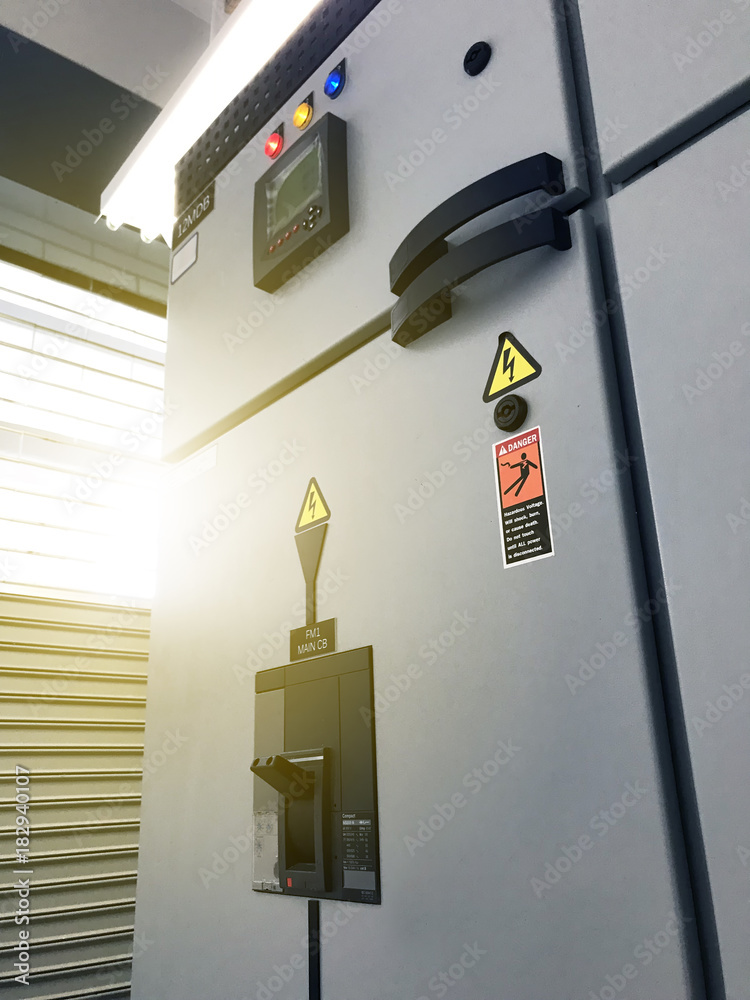 Warning sign on electric control cabinet of high voltage electrical ...