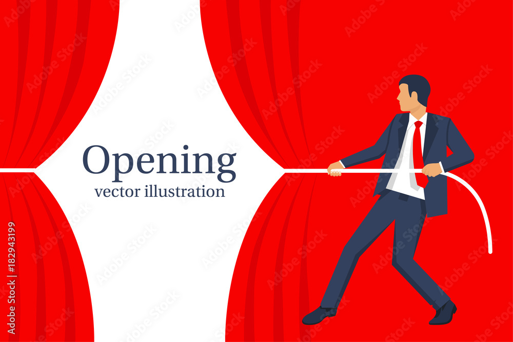 Businessman hands pull rope red cloth. Grand opening concept. Ceremony ...