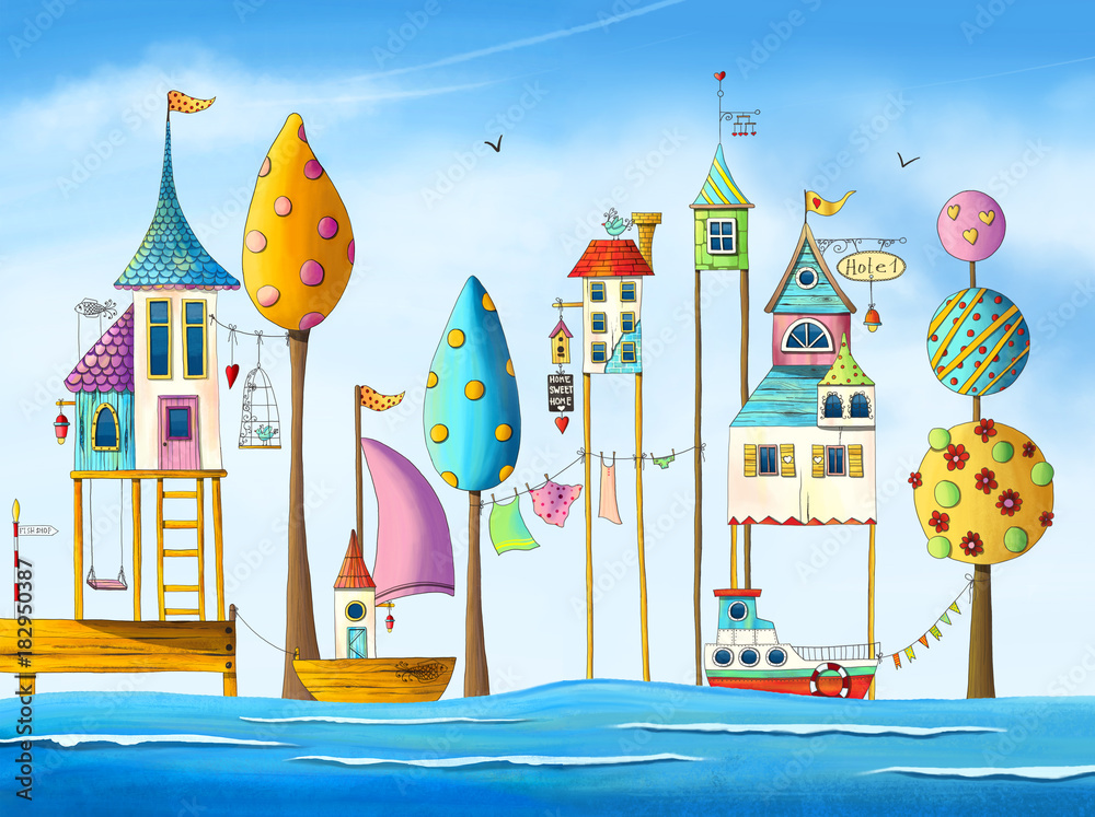 Watercolor magical houses (city, street) with water, boats, trees and ...