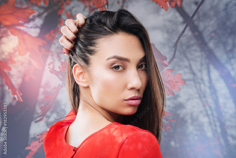 Model agency. Delighted female person working as professional model and ...