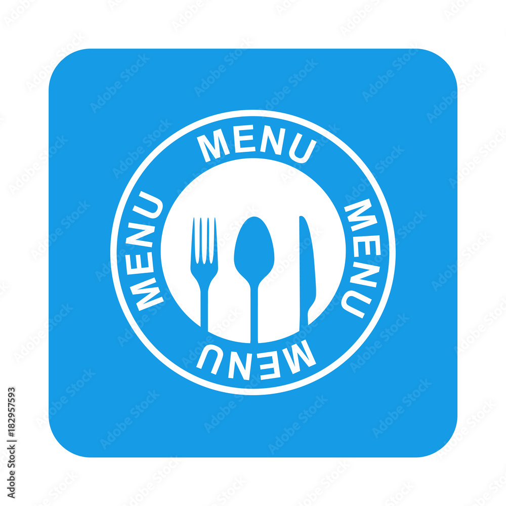 Icono plano MENU con cubiertos en circulo en cuadrado azul Stock ...