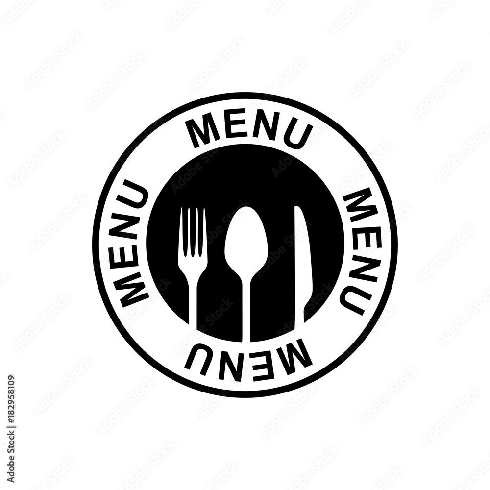 Logotipo MENU con cubiertos en circulo negro en fondo blanco Stock ...
